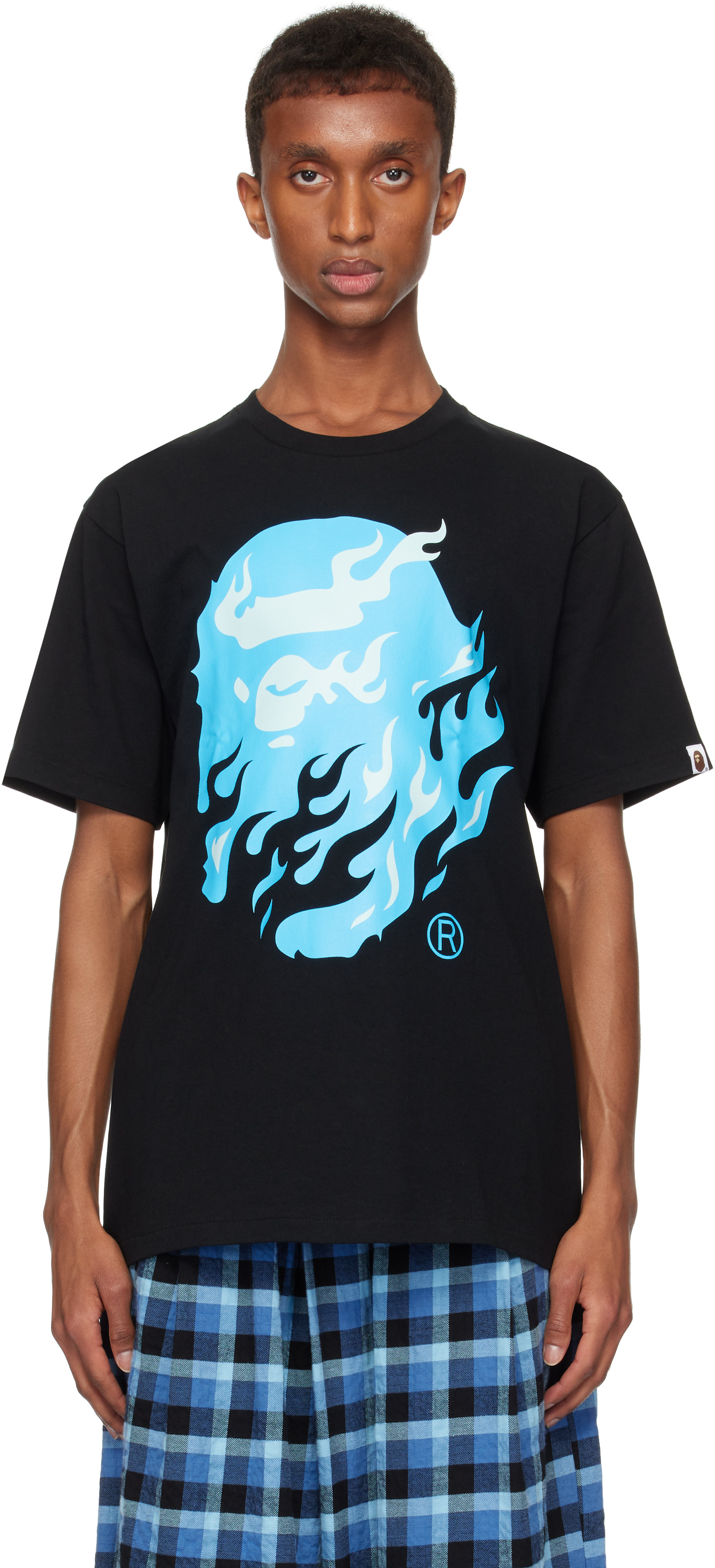 A Bathing Ape Black & Blue Flame Ape Head T-Shirt - Black X Blue
